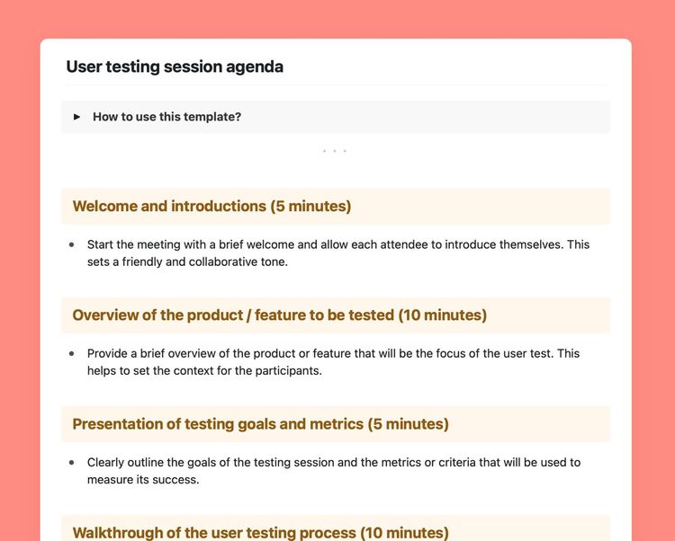 User testing session agenda | Free Craft Template