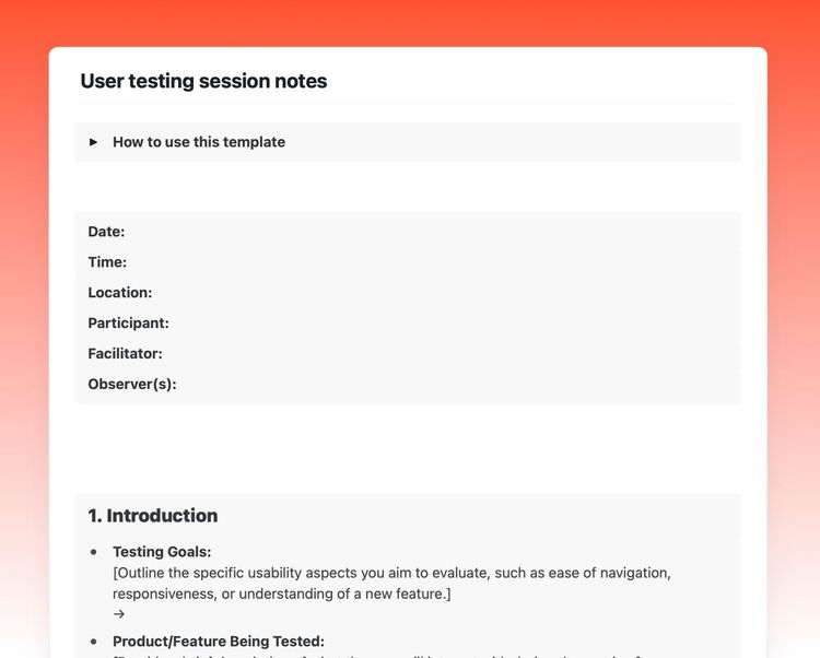 User testing session notes | Free Craft Template