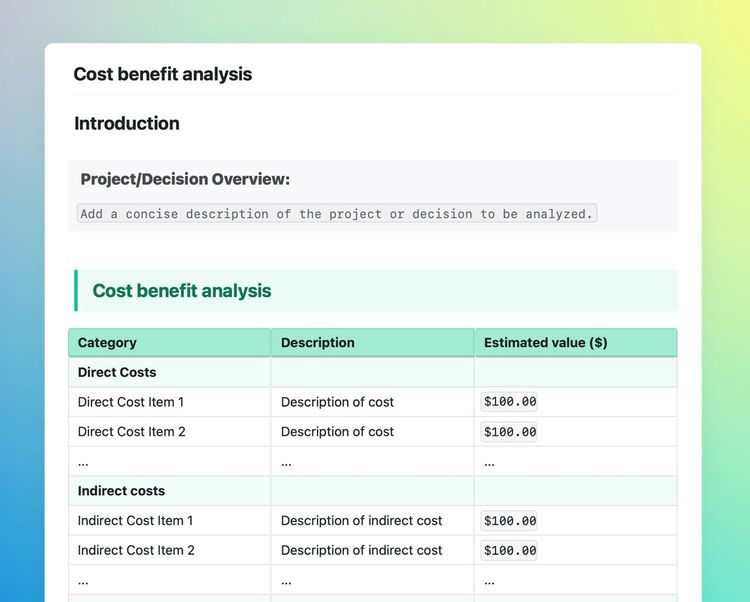 Cost benefit analysis | Free Craft Template