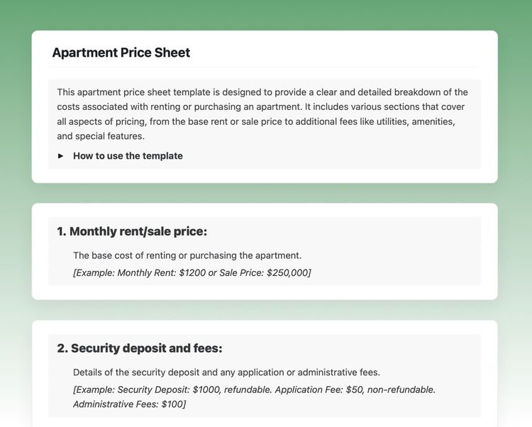 Apartment price sheet | Free Craft Template