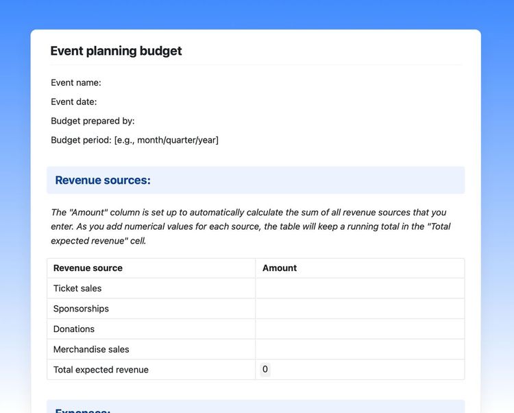 Event planning budget | Free Craft Template