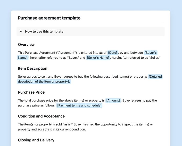 Purchase agreement template | Free Craft Template