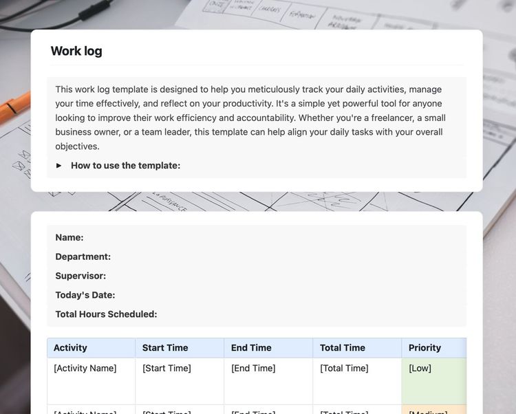 Work log | Free Craft Template
