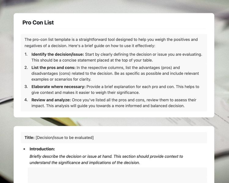 Pro con list | Free Craft Template