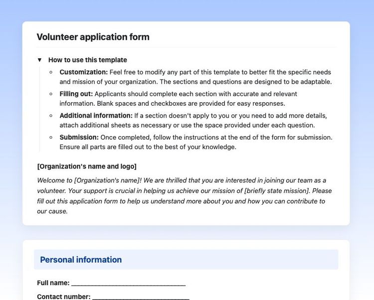 Volunteer application form | Free Craft Template