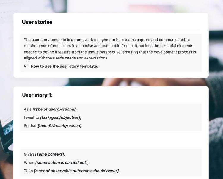 User stories | Free Craft Template