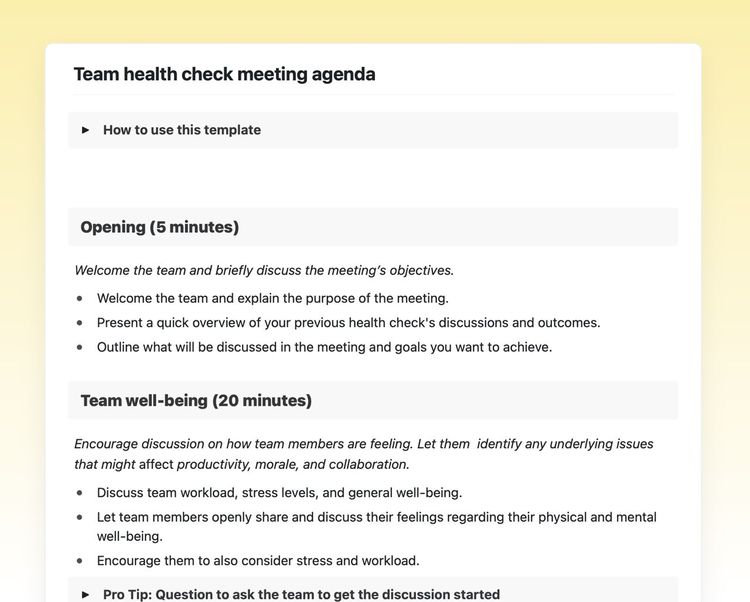Team health check meeting agenda | Free Craft Template