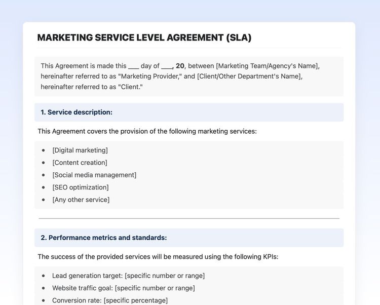 Marketing service level agreement (SLA) | Free Craft Template