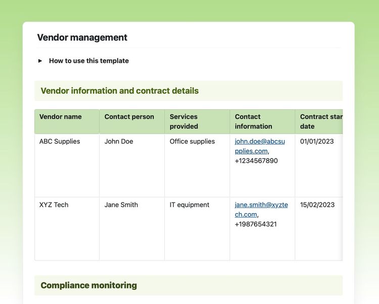 Vendor management | Free Craft Template